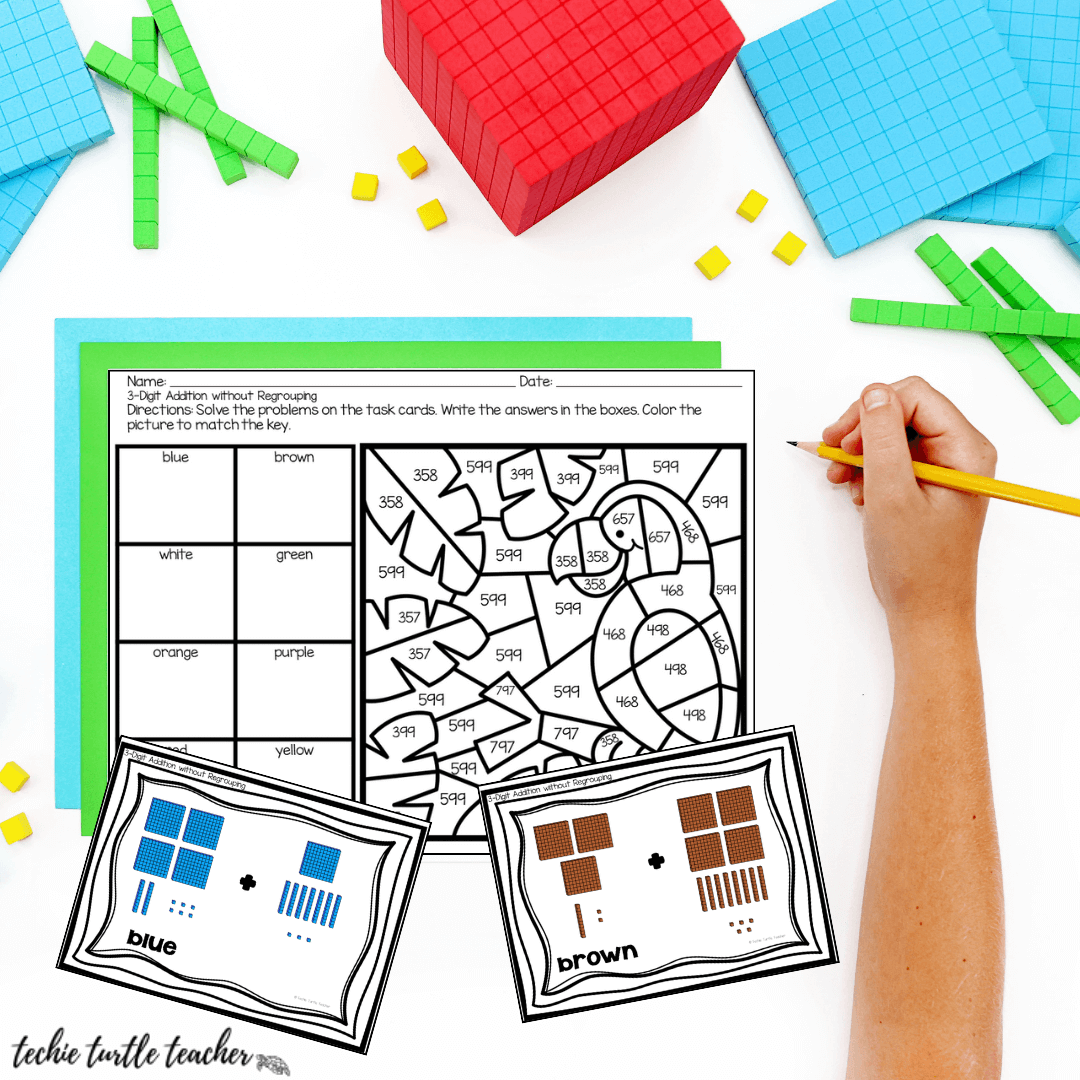 3 Digit Addition Color by Number Task Cards